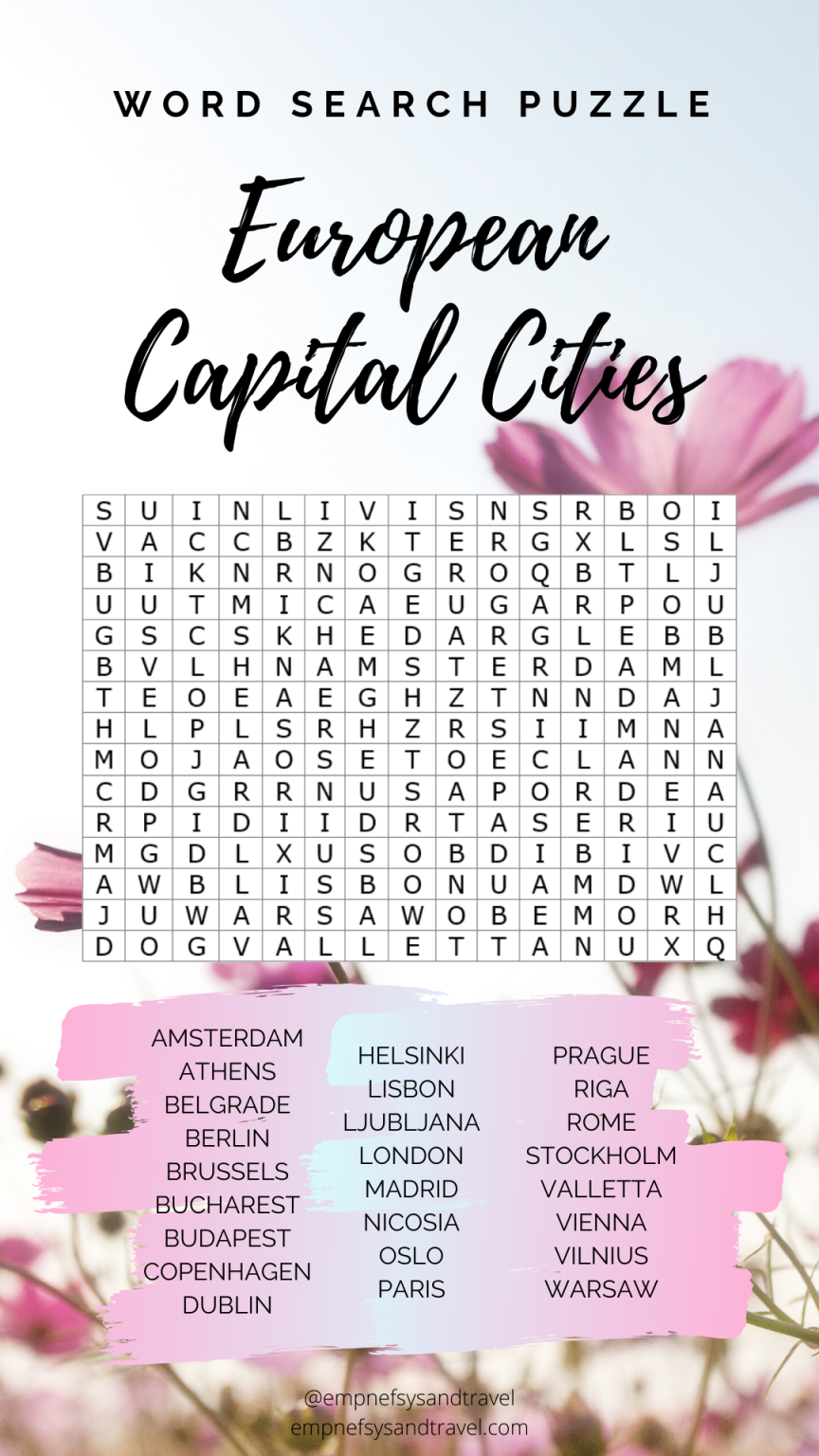 European Capital Cities Word Search Puzzle - Empnefsys & Travel